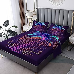 Palm Tree Sheets Full Size, Tropical Plants Neon Bed Sheets, Patterned Bedding Sheets & Pillowcases 4 Piece Set - Soft Microfiber Deep Pocket Fitted Sheet & Flat Sheet & 2 Pillow Cases K0-&-155