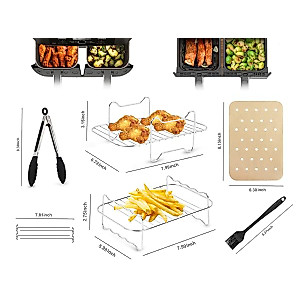 Dual Basket Air Fryer Accessories for Ninja Foodi DZ401 DZ550 DZ302 & Other 10 Quart 2-Basket DualZone Air Fryers, Come with Air Fryer Rack Set, 100Pcs Paper Liners, Silicone Brush & Tongs