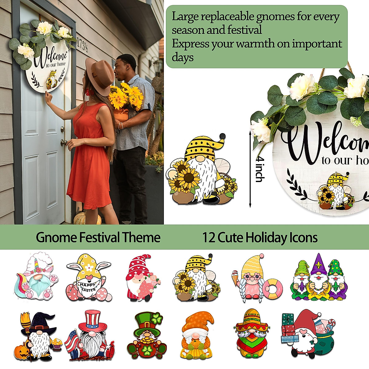 Mrocioa Welcome Sign, 14 x 14 inches, Decorative Signage with Interchangeable Gnome Icons, Seasonal Wood Wreaths Front Door Decorations, Housewarming Gift