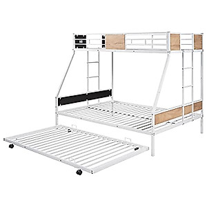 Twin Over Full Bunk Bed Frame with Trundle, Metal Bunkbed with Sturdy Guard Rail and Ladder for Girls/Boys/ Adults, No Box Spring Needed, Noise Free for Dorm, Bedroom, Guest Room (White)
