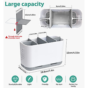 Boperzi Toothbrush and Toothpaste Holder Drainage for Bathroom Countertop with Adjustable Dividers, Large Toothpaste Caddy Organizer Storage Rustic Anti-Slip for Shower, Kitchen, Family, Kids Gray