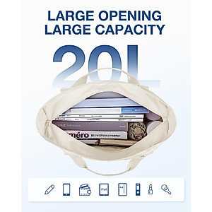 BAGSMART Women Foldable Tote Bag with Drawstring Storage Bag, Large Tote Bag Shoulder Bag Top Handle Handbag for Travel, Work, Beach, Gym, Shop, (Beige)