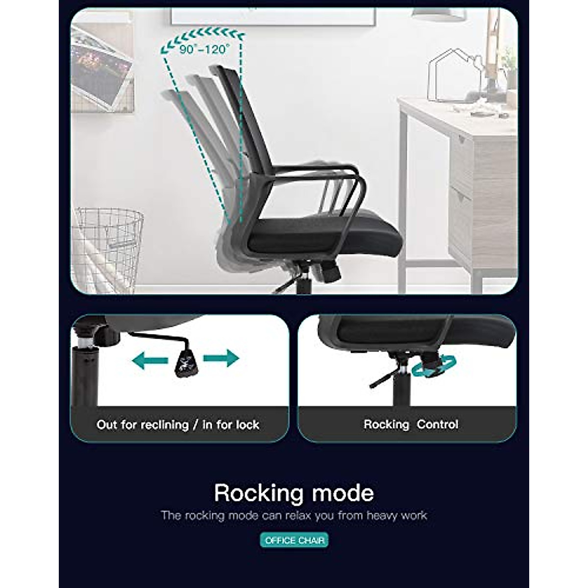 Office Chair Ergonomic Desk Chair Mid Back Computer Chair with Lumbar Support Armrests Breathable Mesh Height Adjustable Chair Rolling Swivel Chairs for Home Office,Black