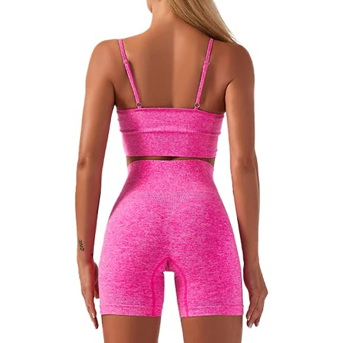 IWEMEK Workout Sets for Women Seamless 2 Piece Yoga Outfits Tummy Control High Waist Leggings Running Shorts with Adjustable Sport Bra Activewear Sets 01 Hot Pink Large