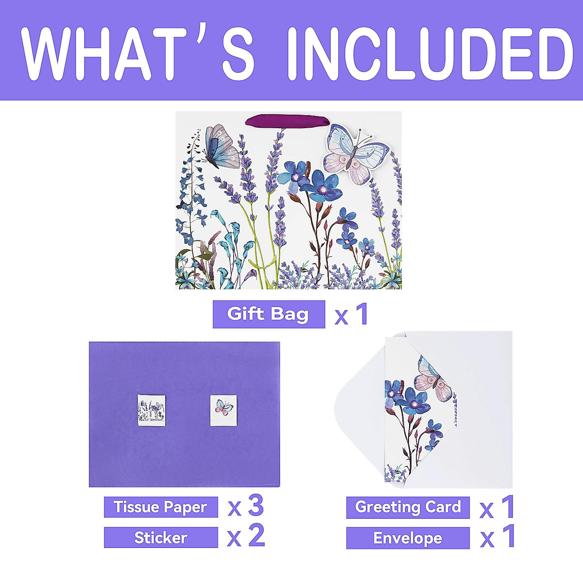 13" Large Purple Gift Bag Set with Greeting Card and Tissue Paper (Lavender and 3D Butterfly) Women's Birthday, Girls Party, Mother's Day, Wedding