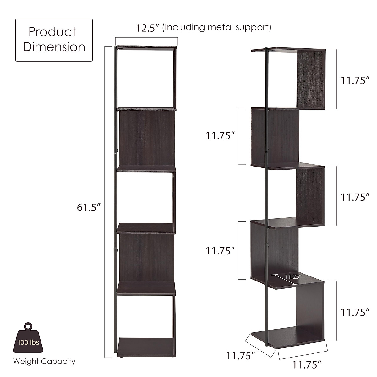 HOMES: Inside + Out Svenja Modern Style 60 in. Tall Corner Book Shelf Stand, 5 Tier Shelving Unit with Circular Metal Support, Living Room Bedroom Decor Aesthetic Wall Accessories, Espresso