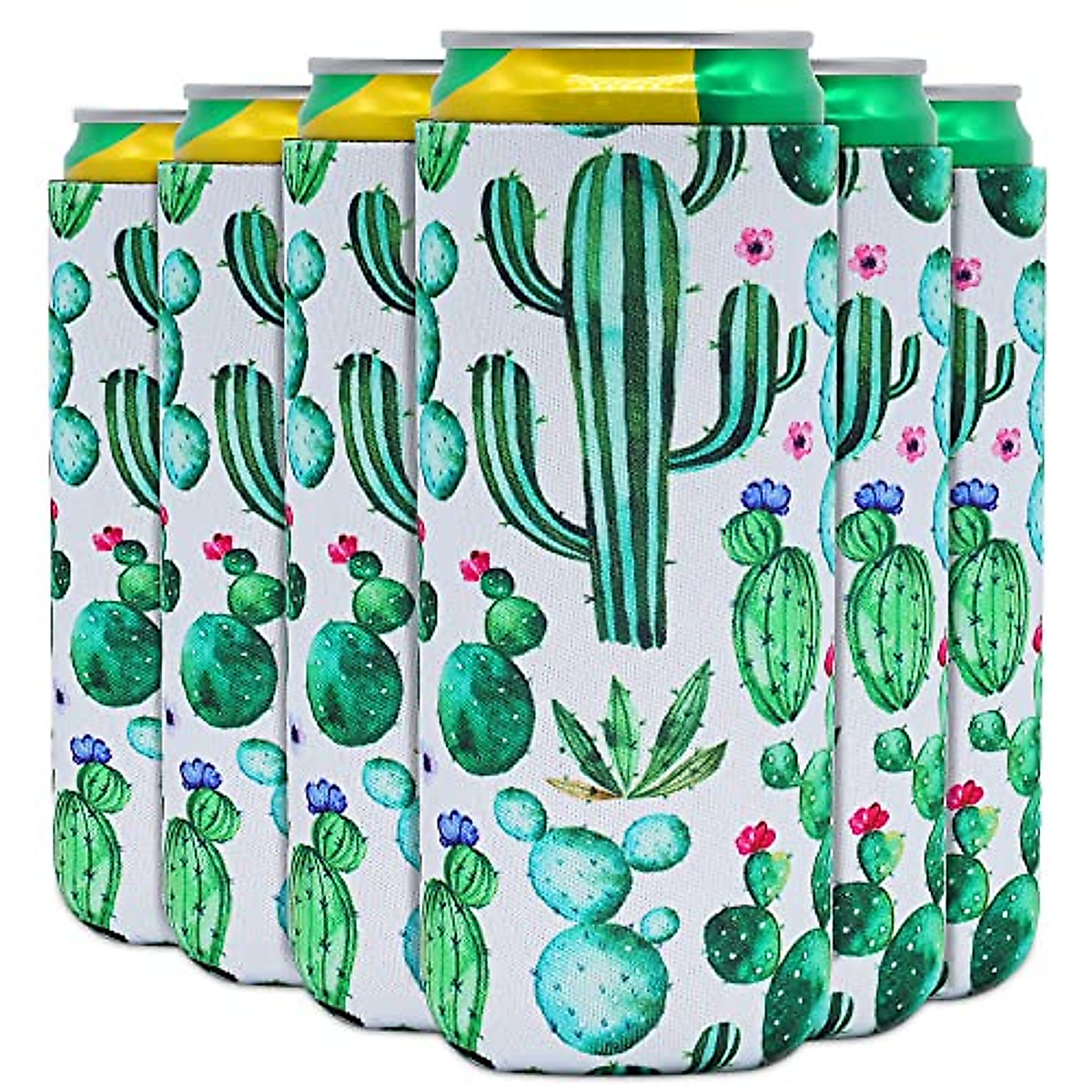 6 Pack Slim Can Coolers Skinny Can Sleeve 12oz Insulator Can Cooler Soft Neoprene Skinny Beer Coolies Cover Thick Tall Beverage Holder Bag for Energy Drink & Beer Cans, Cactus