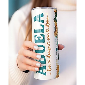 Personalized Abuela Tumbler, 20 oz Stainless Steel Sunflower Cup with Lid & Straw, Custom Grandma Gift with Grandkids’ Names, Spanish Grandmother Coffee Mug for Birthday, Mother’s Day or Christmas