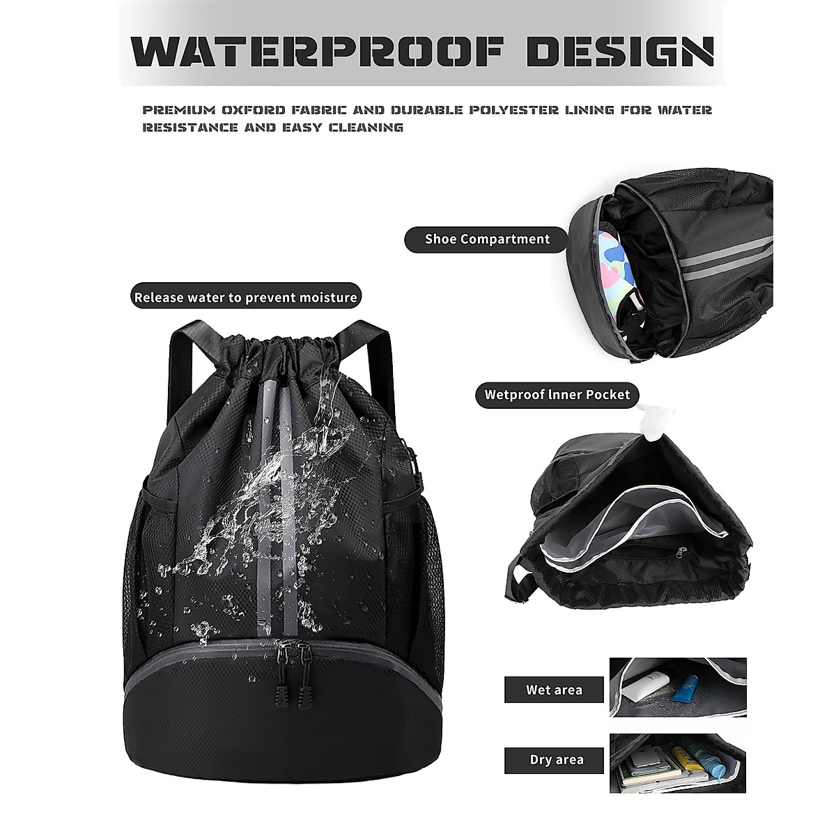 SENIKO Drawstring Backpack,String Swim Gym Bag with Shoes Compartment and Wet Proof Pocket for Women Men Sports Travel (Black)