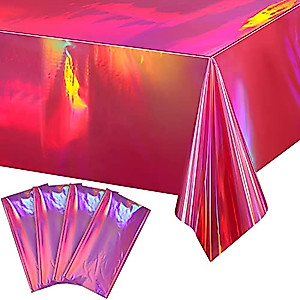 4 Pack Hot Pink Iridescence Plastic Tablecloths Shiny Disposable Laser Rectangle Table Covers Holographic Foil Tablecloth Party Decorations Birthday Bridal Wedding Christmas, 54 x 108 Inch