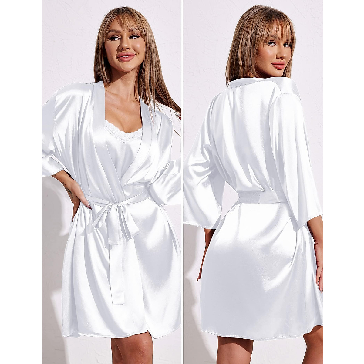 Ekouaer Women's Satin Robe Set Lace Sexy Lingerie Robe Wedding Nightgown 2pcs Cami Bride Party Silk Pajamas Set