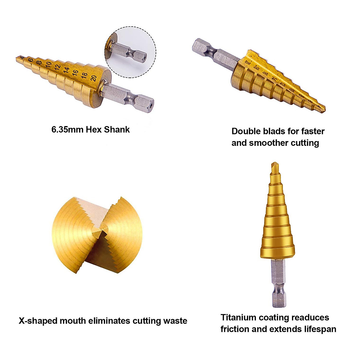 3Pcs HSS Titanium Coated Step Drill Bit Set, 1/4" Hex Shank Drive Quick Change High Speed Steel Cone Drill Bit for Sheet Metal Wood Plastic Hole Drilling Cutting (Metric 3-12mm/ 4-12mm/4-20mm)