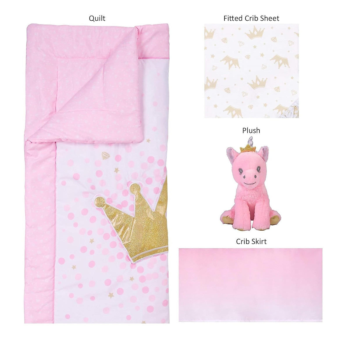 Sammy & Lou Tiara Princess 4-Piece Baby Nursery Crib Bedding Set for Girls, Includes Quilt, Fitted Crib Sheet, Crib Skirt, and Plush Toy
