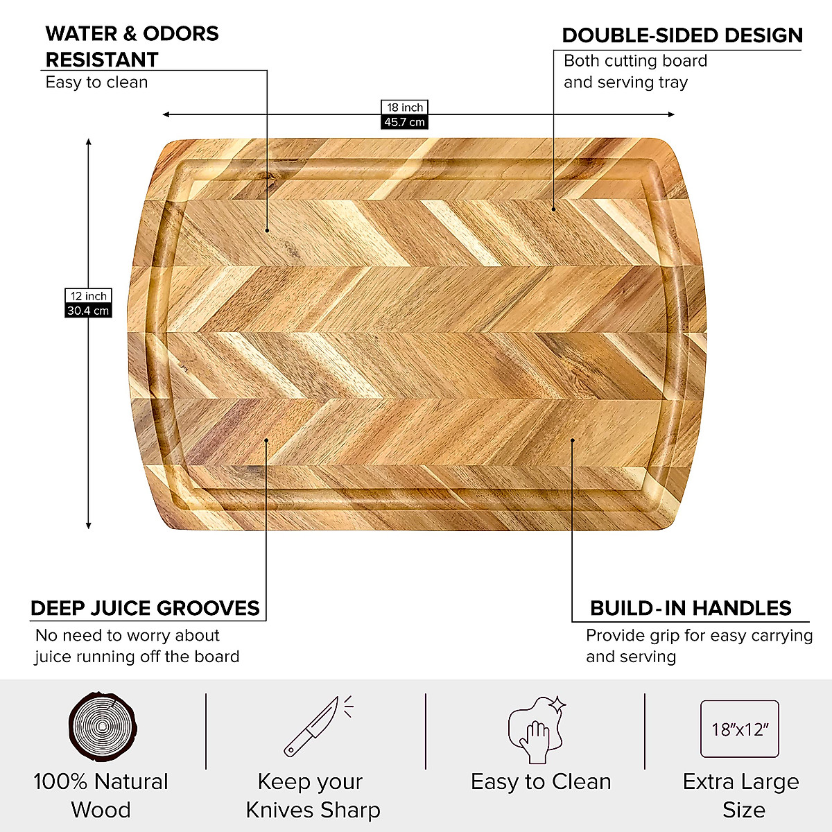 Lipper International Acacia Rect. Herringbone design Chopping board, side grooves, deep well, 18x12x1 Inches