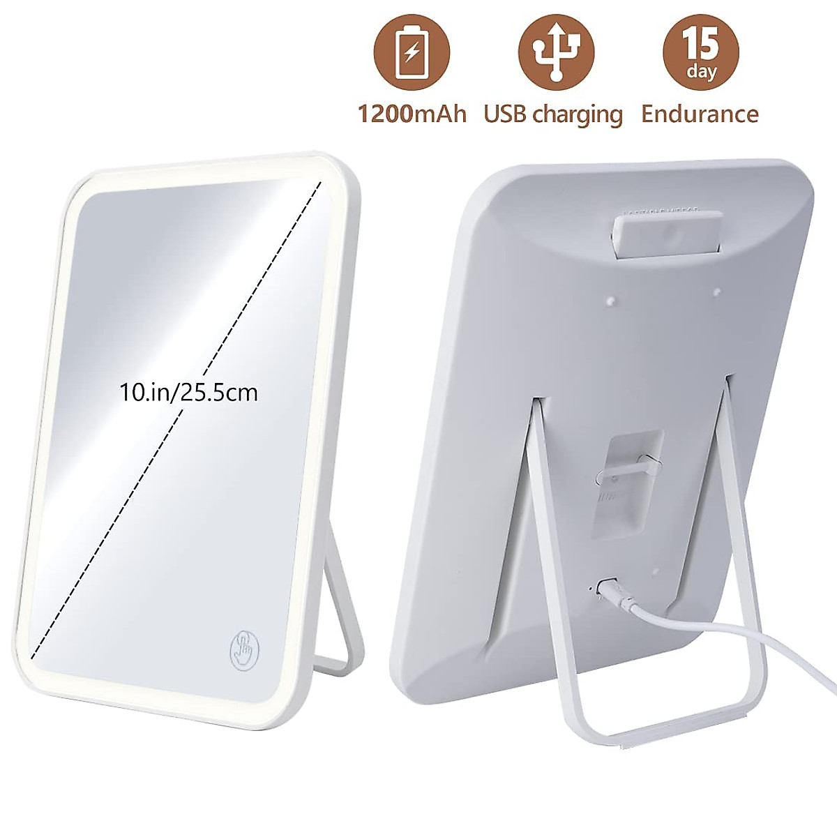 Beautrayn Makeup Mirror with Light, Touch Screen Vanity with 3X Mirror, USB Rechargeable 3 Color Lighting Modes, Adjustable Metal Stand 90° Rotation, Hanging Bathroom for Shower, Travel