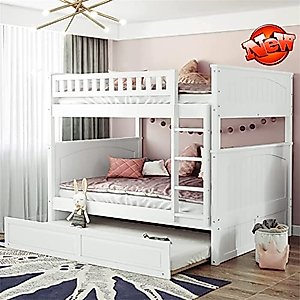 SNIFIT Stronger & Upgraded Version Solid Wood Full Over Full Bunk Bed with Trundle, Thickened More Stable Safer Full Size Bunk Bed Frame with Trundle and Reinforced Ladder, Easier to Assemble (White)