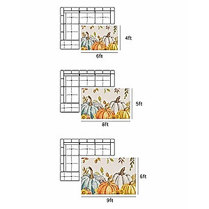 Thanksgiving Fall Outdoor Rug for Patio/Deck/Porch, Non-Slip Area Rug 6x9 Ft, Orange Teal Grey Pumpkin Maple Leaf Rustic Indoor Outdoor Rugs Washable Area Rugs, Reversible Camping Rug Carpet Runner