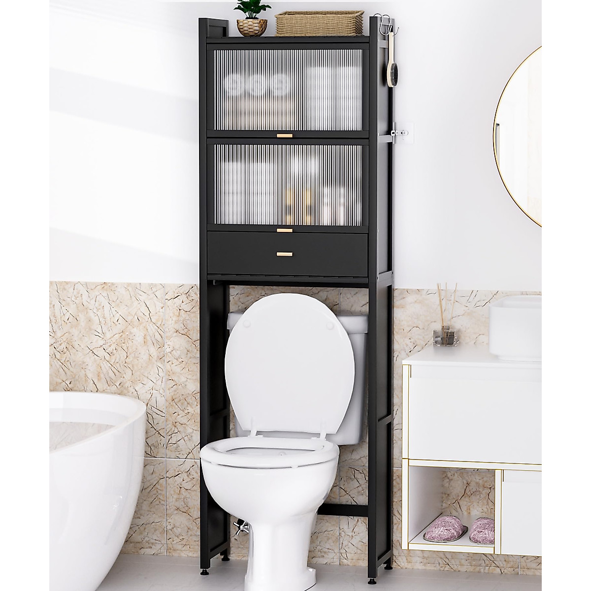 Cozivolife Over The Toilet Storage Cabinet with Drawer and Flip Door,Bamboo Bathroom Organizer Shelf with Anti-Tip Design and Waterproof Feet Pad,Freestanding Rack Above Toilet Space Saver (Black)