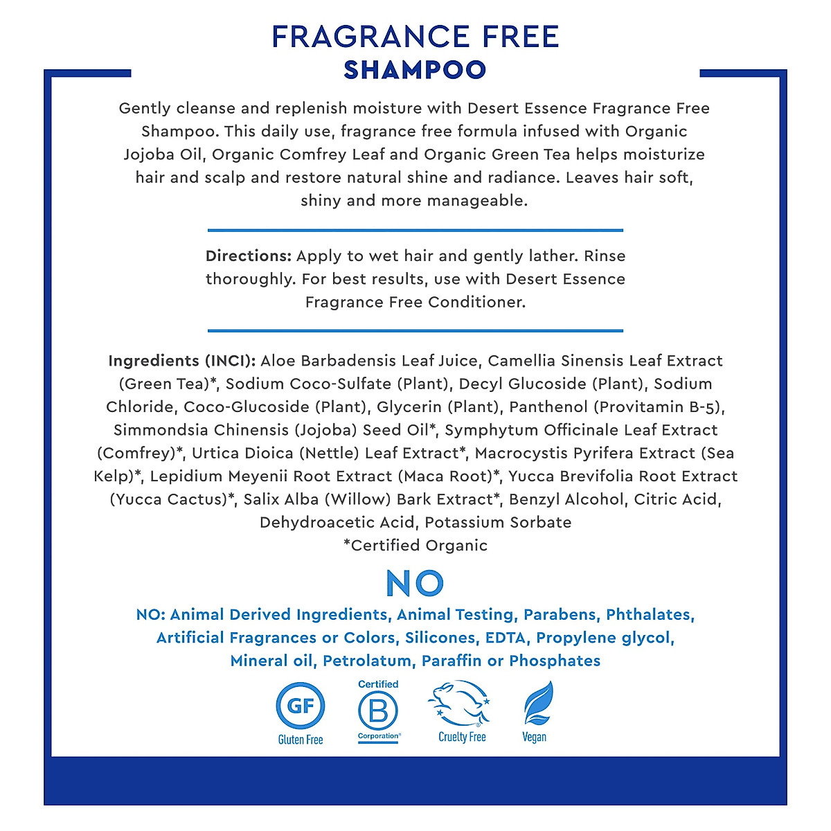 Desert Essence Fragrance Free Shampoo - Pure - 8 Fl Ounce - Unscented - Gloss & Shine - Strengthens Hair - Soft & Revitalized - Green Tea - Vitamins & Minerals - Jojoba Oil