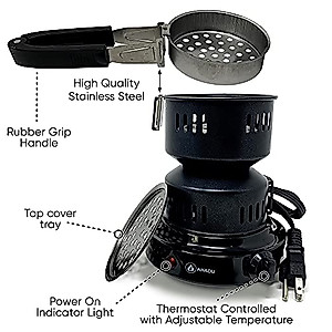 AHADU Premium Electric Charcoal Burner Coconut Coal Starter Hibachi Smart Overheating Control. Instant Coal Disk Tablet Fire Starter. Perfect Stove for Outdoor camping BBQ -Comes with Free Tong/Handle