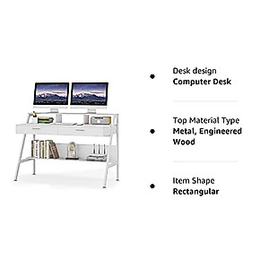 Tribesigns Computer Desk with Storage Shelf & Drawers, Modern 47 inch Office Writing Desk Study Table with Monitor Stand Riser for Home Office Use (White)