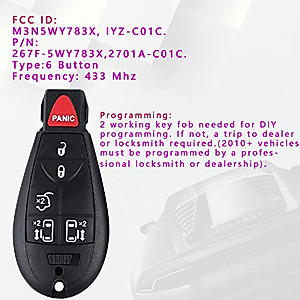6 Buttons Keyless Entry Remote Control Car Key Fob for Chrysler Town and Country 2008-2016 Dodge Grand Caravan 2008-2020（M3N5WY783X） Pack of 2