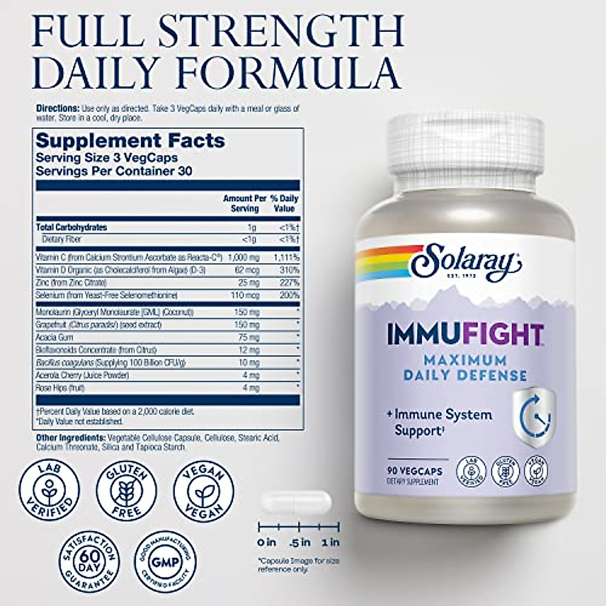 SOLARAY Immufight Maximum Daily Defense, All Day Immune Support, Vitamin C, Vitamin D, Zinc, Probiotics, Monolaurin, Acerola & More, Vegan & Gluten Free, 60 Day Guarantee, 30 Servings, 90 VegCaps