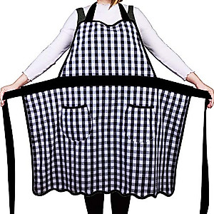 Love Potato 100% Cotton Vintage Gingham Kitchen Apron with Two Pockets, Small to Plus Size Ladies, Great Gift for Wife or Ladies, Black