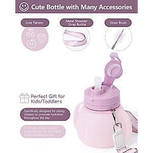 TakeToday Kids Water Bottle for School, Silicone Collapsible Water Bottle, 20 OZ Travel Water Bottle with Straw and Strap, BPA-Free Reusable Leakproof, Purple