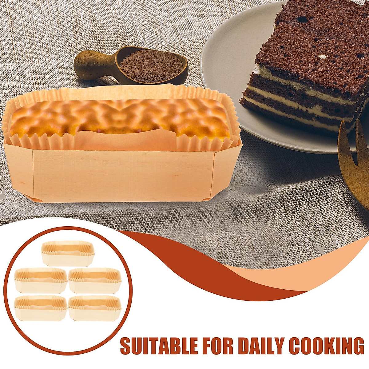 Luxshiny 5Pcs Wooden Baking Molds, Disposable Loaf Pans with Paper Liners Grease Proof Wood Containers Food Baking Pan For Banana Bread Meatloaf