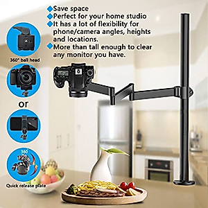 Heavy Desktop Overhead Camera Mount Rig Stand, Top Down DSLR Photography Holder with Flexible Arm and 360° Ball Head, Adjustable Height and Length for Ring Light/Video Camera/Webcam/Panel Light