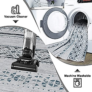 8x10 Area Rugs for Living Room Bedroom: Large Machine Washable Rug with Non-Slip Backing Non Shedding Stain Resistant, Soft Geometric Moroccan Carpet for Dining Room Nursery Home Office - Blue/Ivory