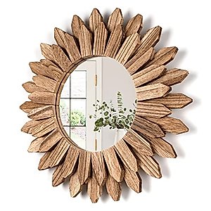 Honiway Wall Mirror Decorative 12 inch Rustic Wood Mirror Sunburst Boho Mirror for Entryway Bedroom Living Room Carbonized Black