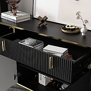 FAMAPY Modern Credenza Sideboard Buffet with Drawer & Pop-Up Doors, Buffet Sideboard Storage Cabinet with Black Metal Legs, for Living Room Hallway Black and Gold (63”W x 15.7”D x 31.5”H)