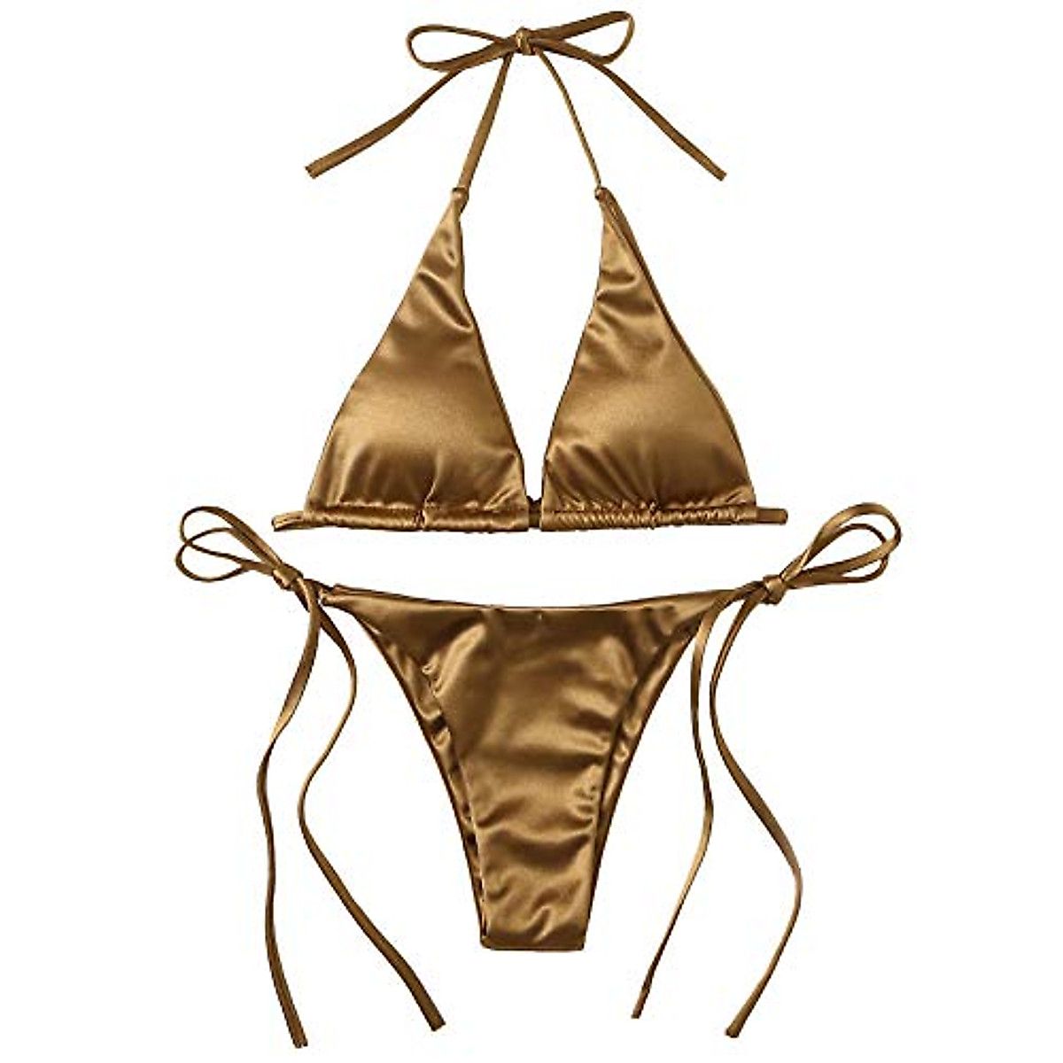 SOLY HUX Women's Metallic Halter Top Two Piece Swimsuit Tie Side Triangle Thong Bikini Bathing Swimwear Gold M