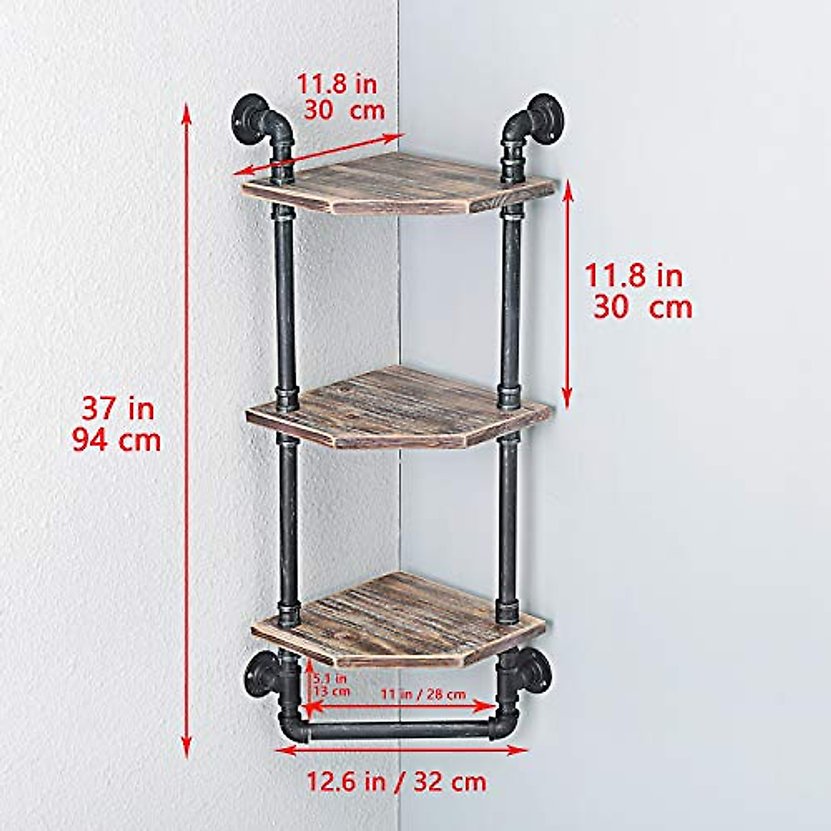 MBQQ Industrial Pipe Shelf,Rustic Corner Shelves with Towel Bar,Bathroom Shelves Wall Mounted,3 Tiered Metal&Real Wood Home Decor Floating Shelves