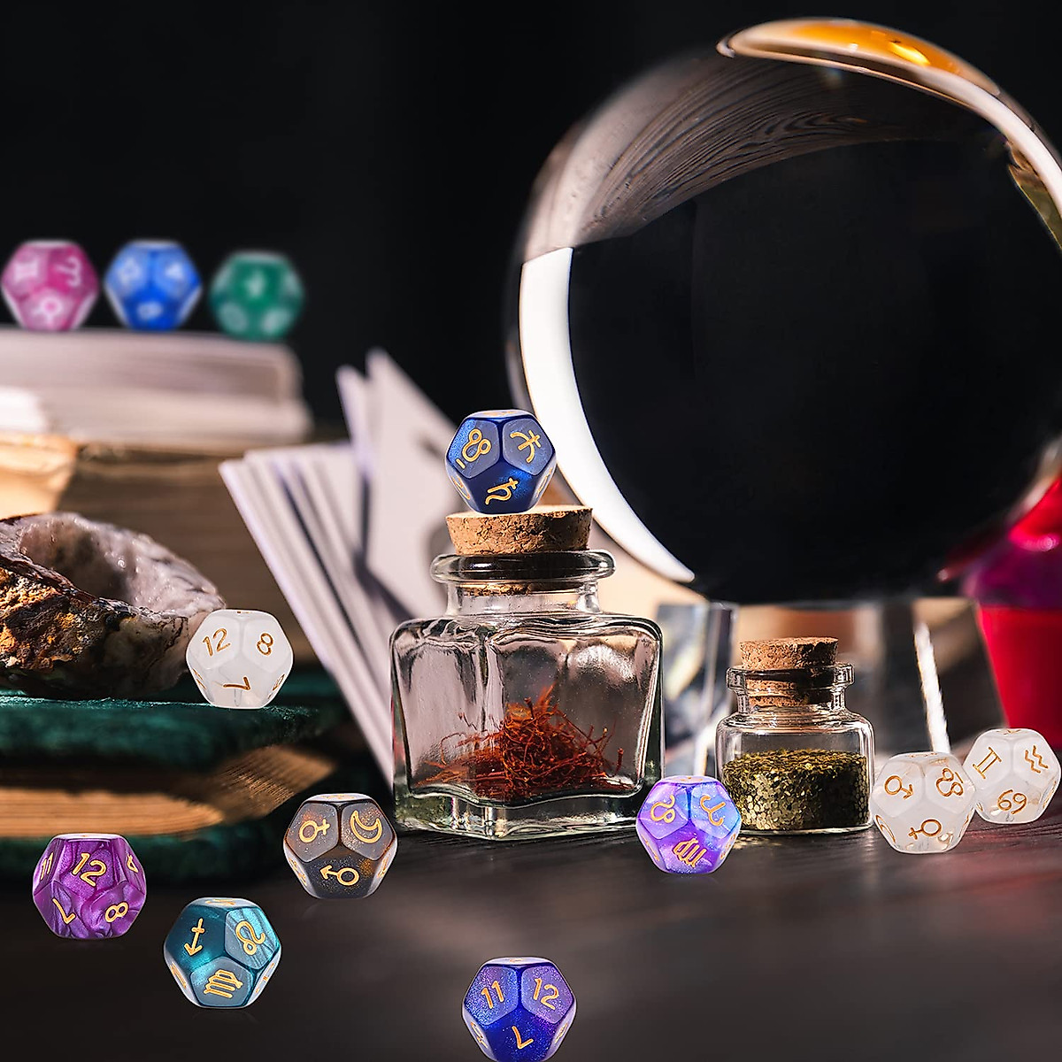 Amiven 6 Sets Astrology Dice, Signs Planets Numbers 12-Sided Dice Divination Tool