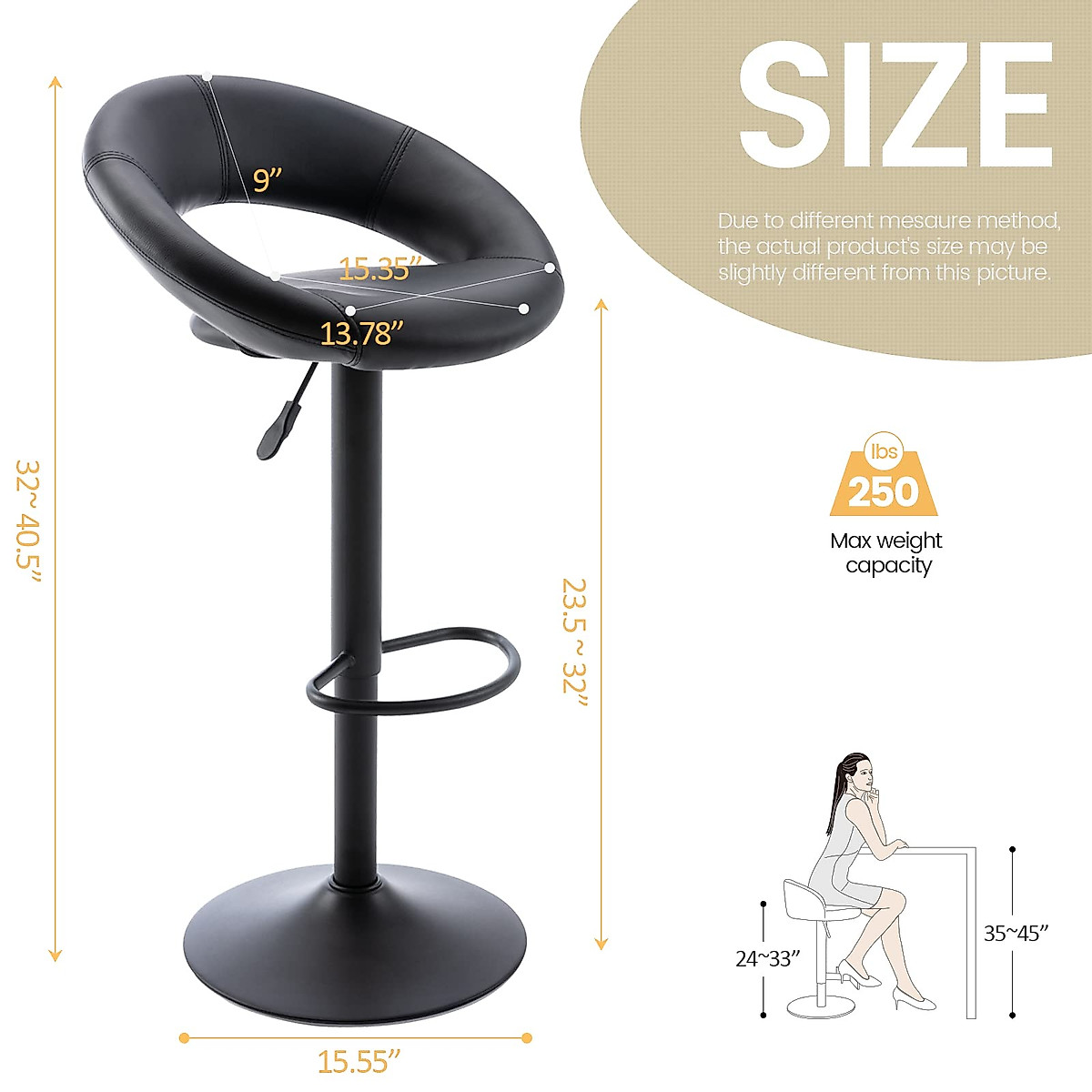 Vogue Furniture Direct Adjustable Bar Stools, Modern Cute PU Leather Swivel Barstools with Hollow Back, Airlift Counter Height Bar Chairs for Kitchen Dining Pub Cafe, Set of 2 (Black, Black Base)