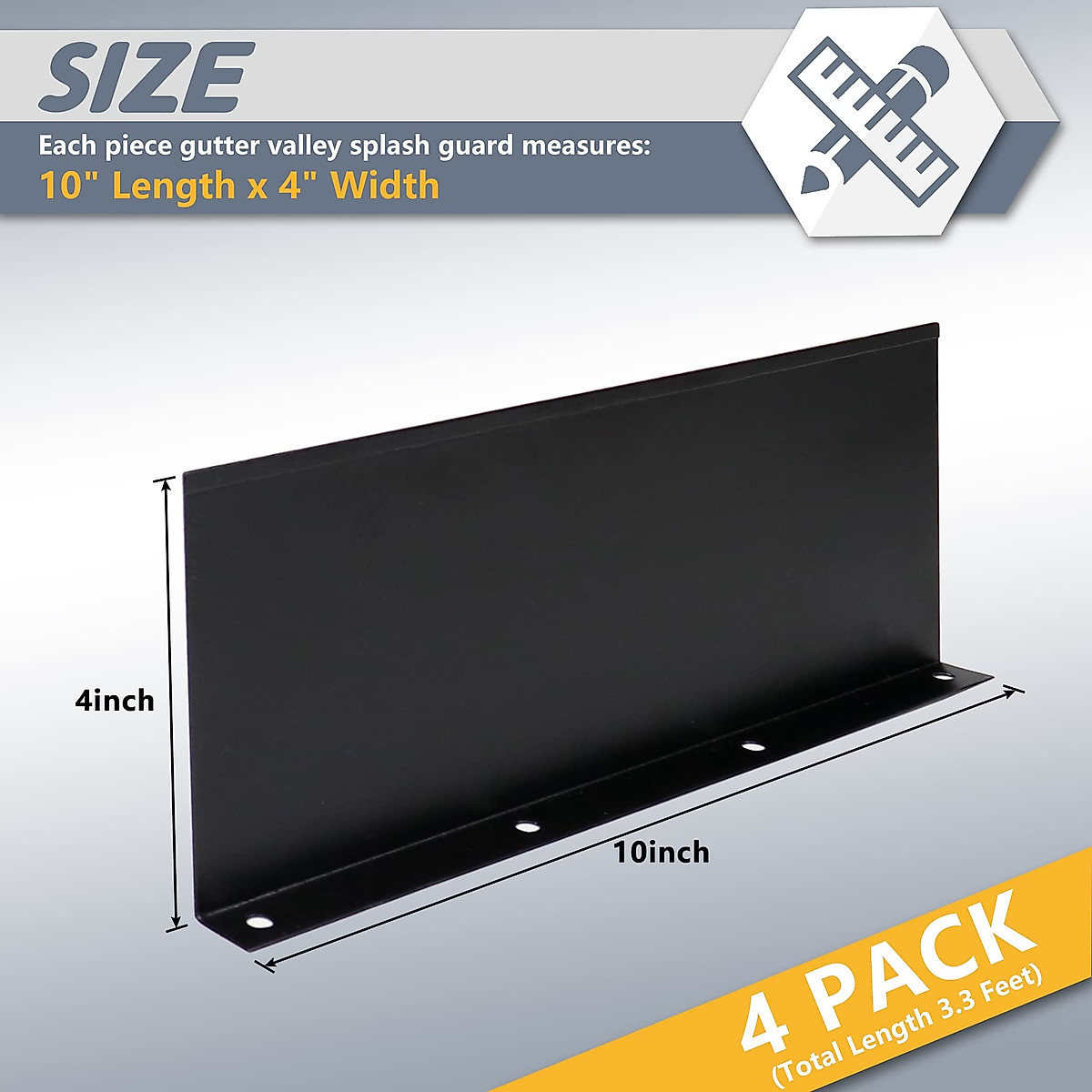 Flamorrow 4 Pack Aluminum Gutter Valley Splash Guards, Rainwater Roofing Gutter Guard, Straight Gutter Splash Guard for Flat Shingle Roofs, Valley, Corner, Black