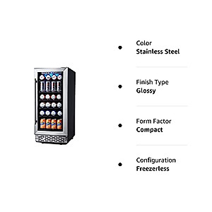 Beverage Refrigerator, Phiestina15 inch 96 Cans Built-in or Freestanding Beverage Cooler Mini Fridge with Auto Defrost,Glass Door & 6 Removable Shelves for Home Bar Office