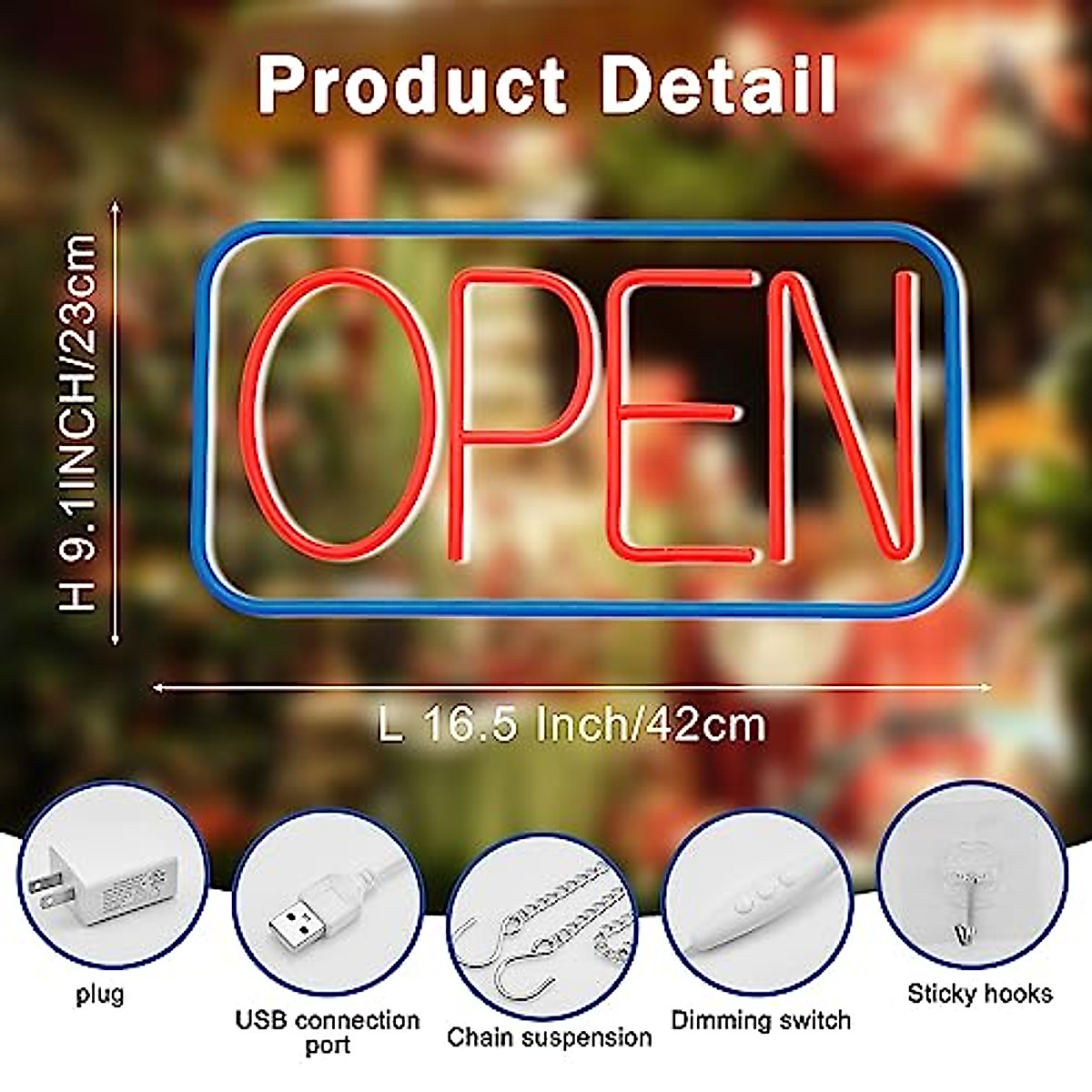 Open Sign With Adapter Neon Open Sign LED With 5 Adjustable Brightness Open Signs For Business Window Open Neon Sign Party Stores Shop Coffee Salon Hotel (Blue/Red-Horizontal) 16.5"X 9"