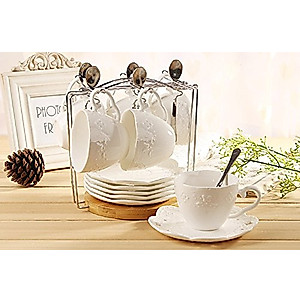 Jusalpha® White Porcelain 5OZ- Tea Cup and Saucer Coffee Cup Set with Saucer and Spoon, Set of 6 (6 Tea Cup Set With Bracket)