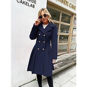 GRACE KARIN Women Swing Double Breasted Pea Coat Autumn Lapel Dress Outwear Dark Blue S