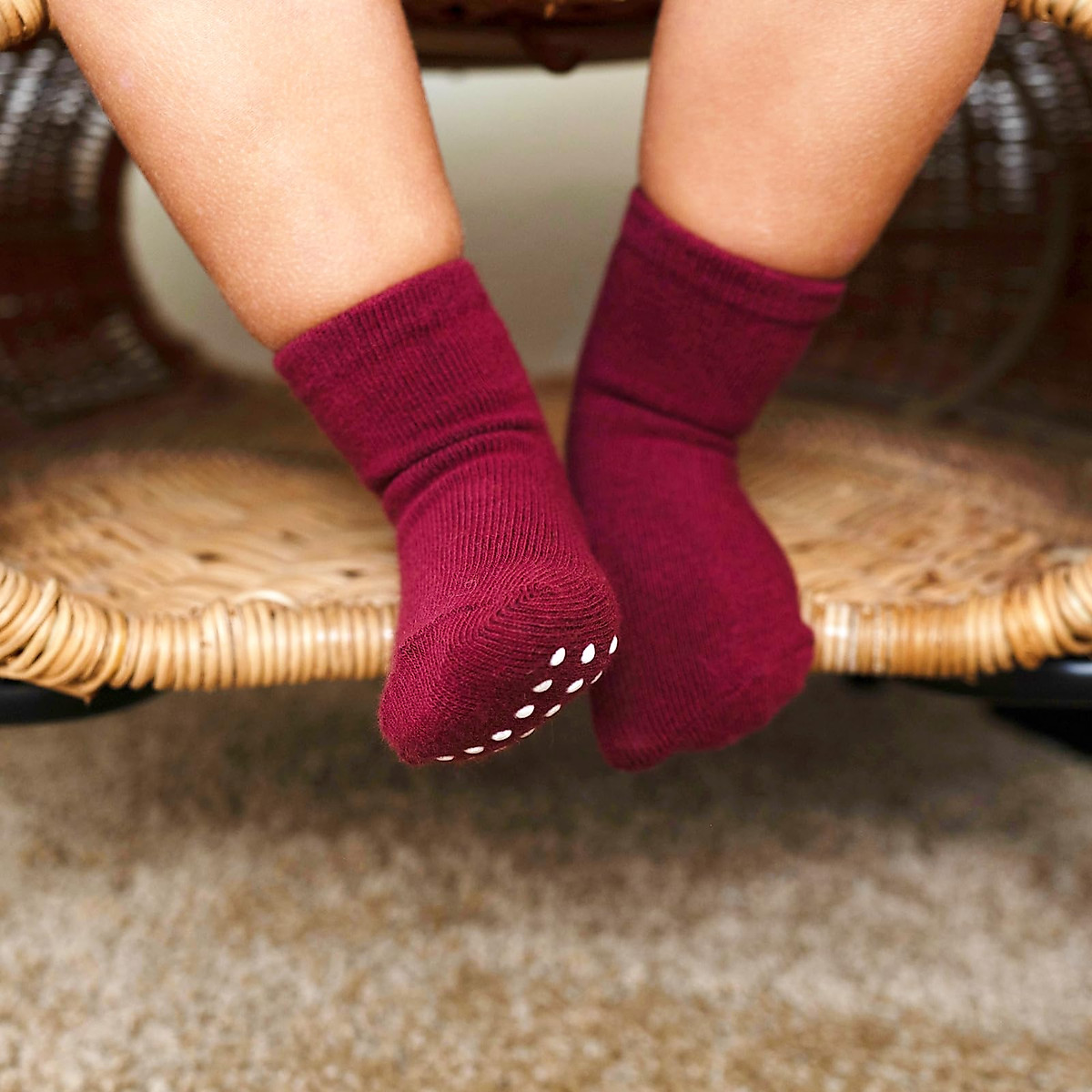 JAKIDAR 12 Pairs Baby Socks Cotton Crew Toddler Socks Grips Non Slip Bottom Kids Socks, Brown 12-24M