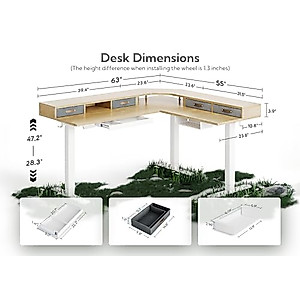 INNOVAR Triple Motor L Shaped Standing Desk with Drawers, Solid Wood Adjustable Corner Stand Up Desk, 63" Electric Standing Desk for Home Office, White Frame/Nature Top