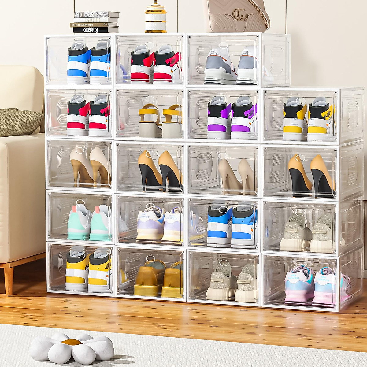 YFXCVSL 8 Pack Thicken Shoe Organizer - Upgrade Sturdy Shoe Boxes Stackable Shoe Storage Containers with Magnetic Door, Thicken Sneaker Storage Fit up to US Size 12,White