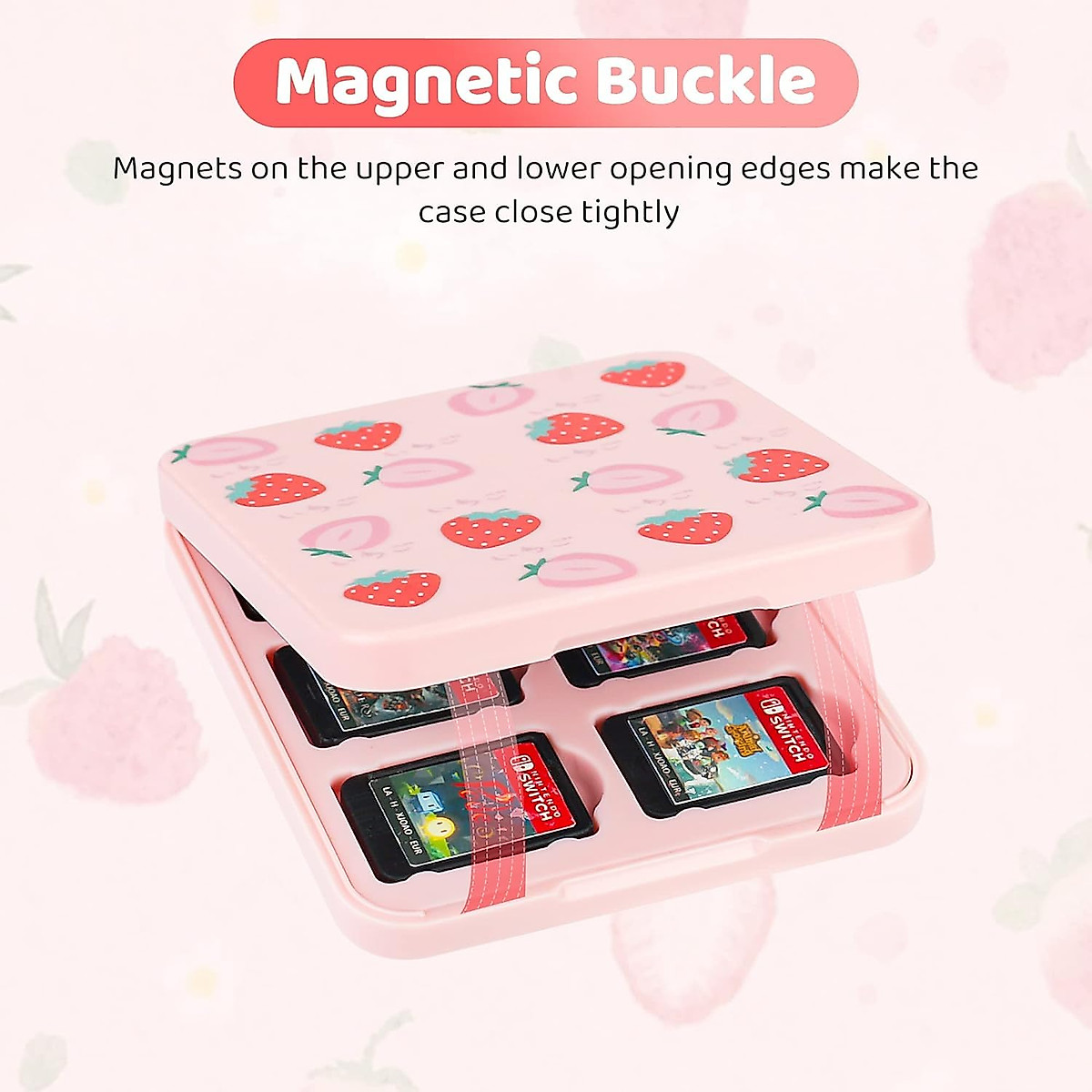 RHOTALL Cute Strawberry Game Card Case for Nintendo Switch and Switch OLED, Storage Card Box with 12 Game Cards Cartridge and 12 SD Cards Slots, Portable Switch Games Holder with Magnetic Design