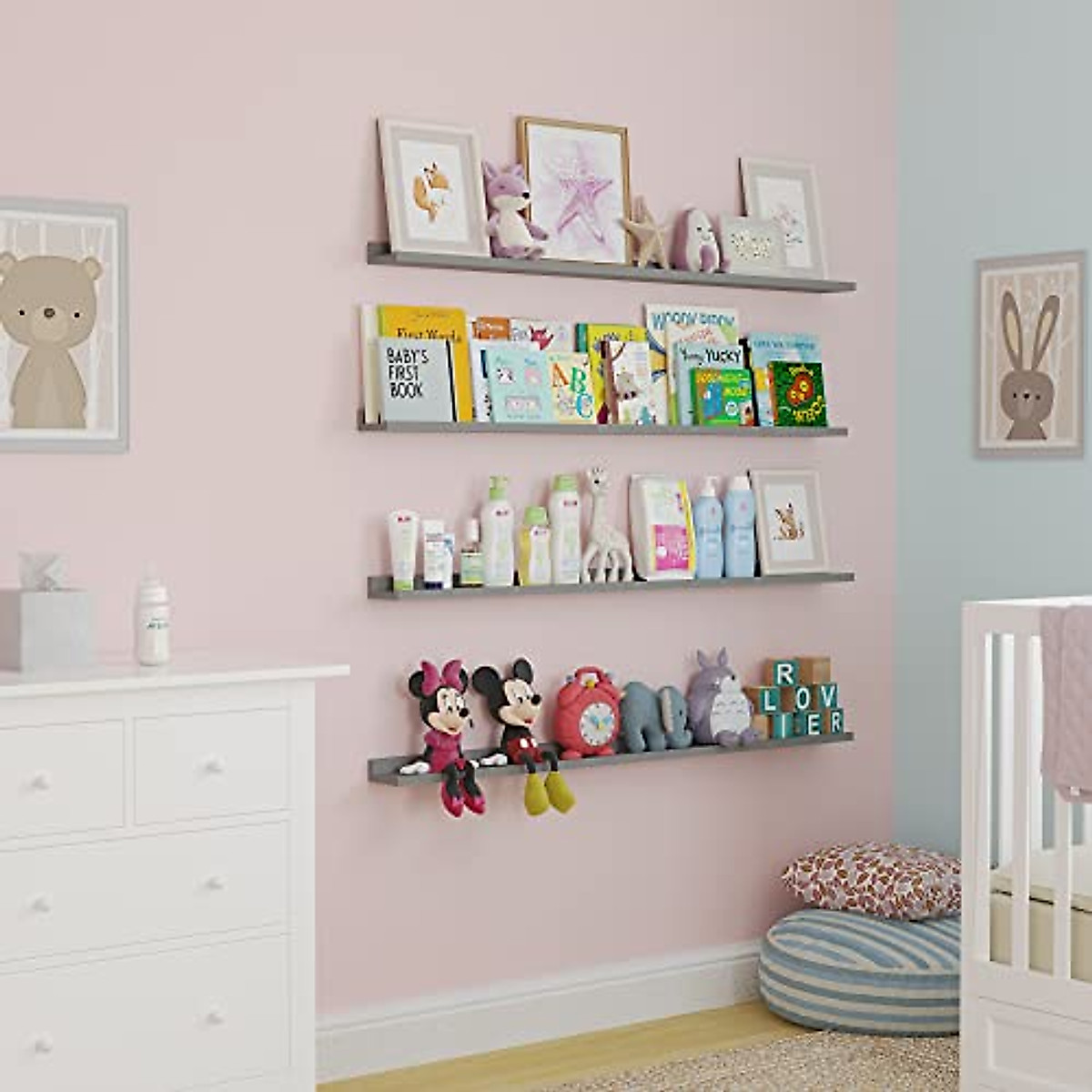 Wallniture Denver 46" Floating Shelves for Wall, Floating Bookshelf for Kids Room, Gray Kids Room Shelves, Wall Bookshelf for Living Room Decor, Nursery Shelves, Picture Ledge Shelf Set of 4