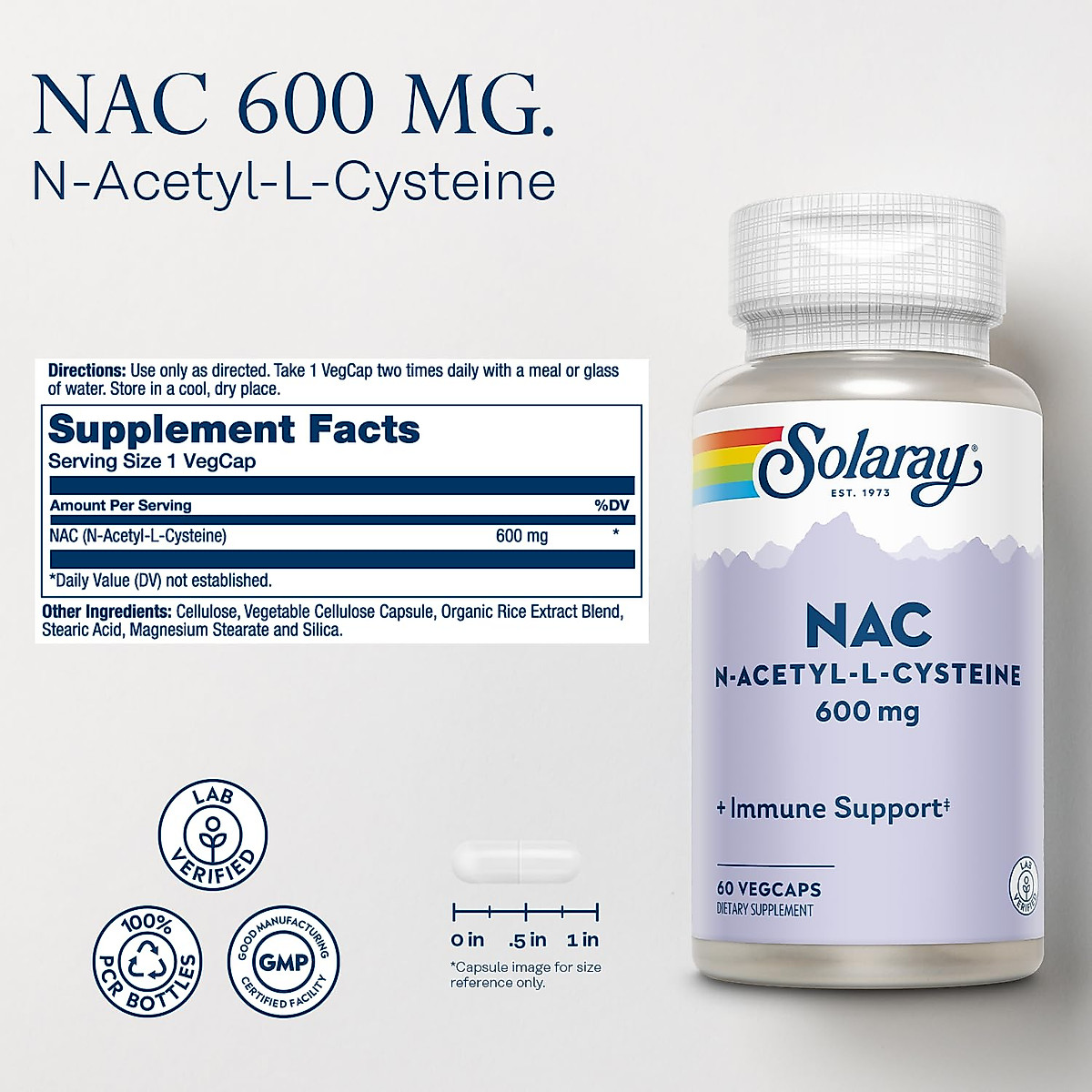 SOLARAY NAC Supplement - N Acetyl Cysteine 600 mg - Precursor to Glutathione Supplement - Immune Support Supplement - Lab Verified, 60-Day Guarantee - 60 Servings, 60 VegCaps
