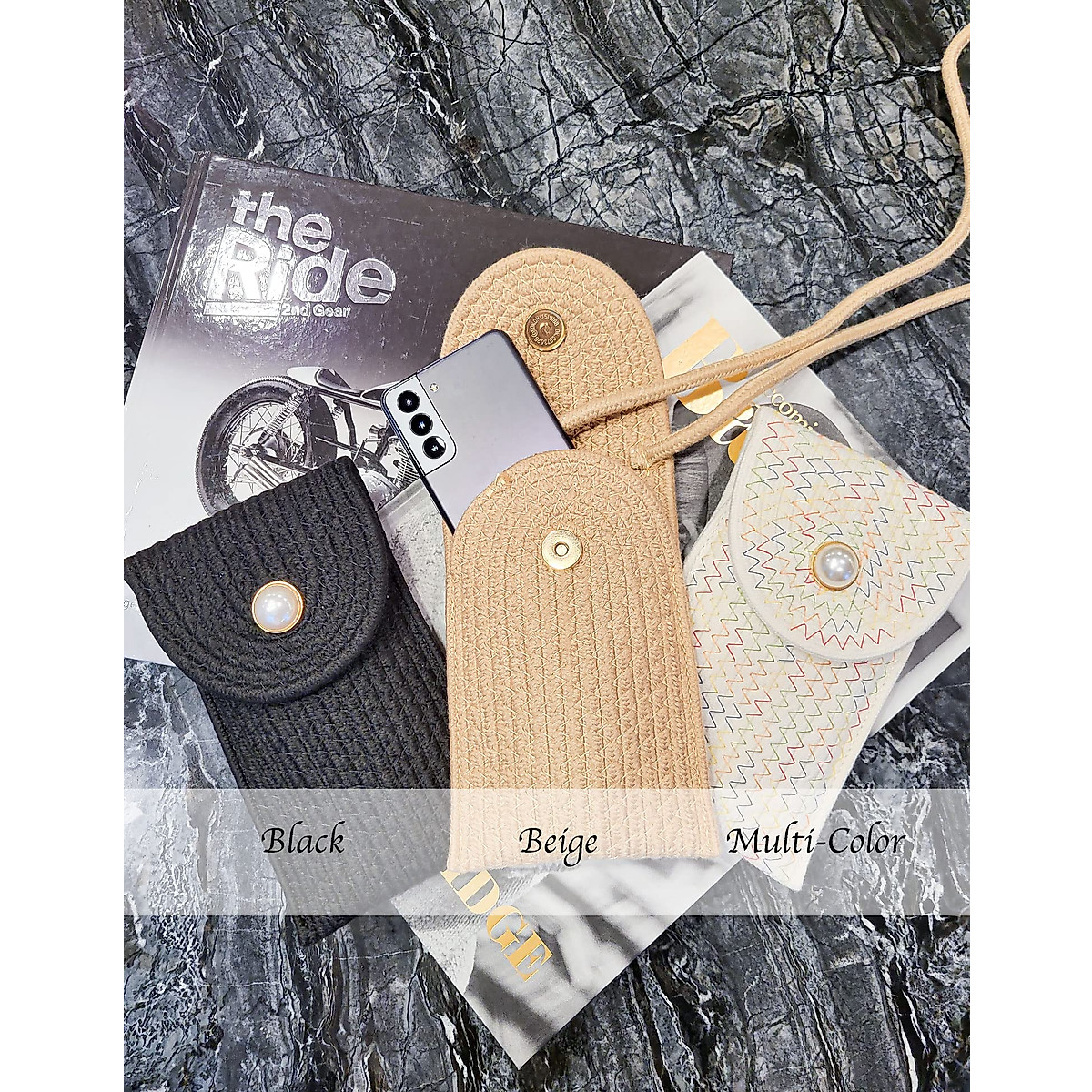 Woven Rattan Hand Crochet Crossbody Fabric bag (Cell Phone, Card Pocket) (Black)